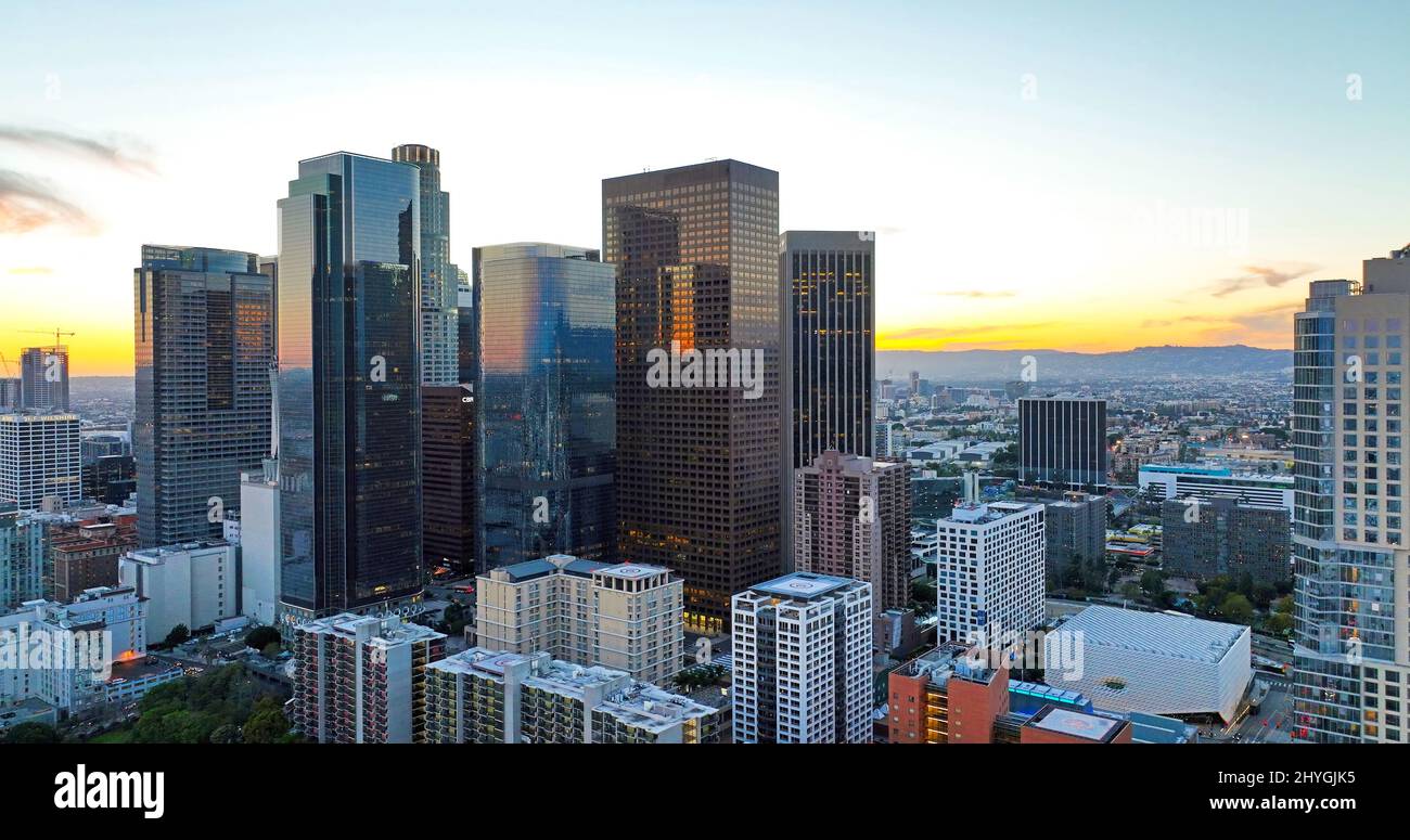 Los Angeles skyline and skyscrapers. Downtown Los Angeles aerial view ...