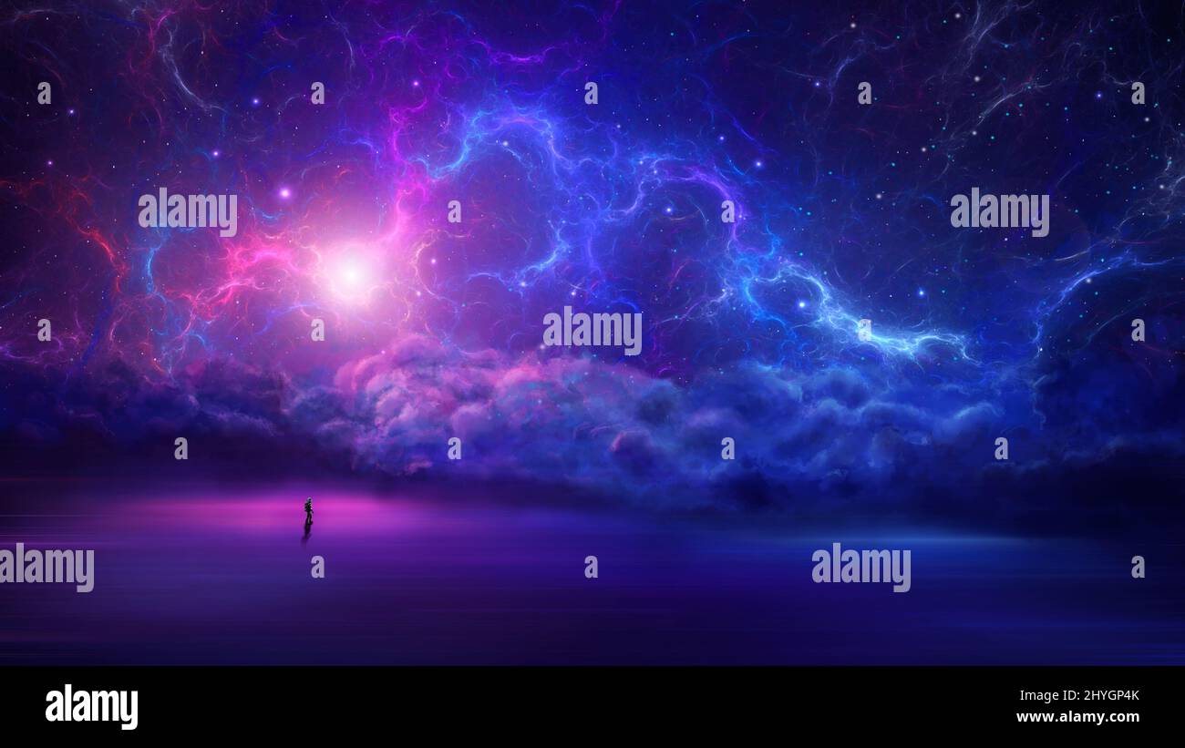 Space background. Astronaut standing on reflection surface with ...