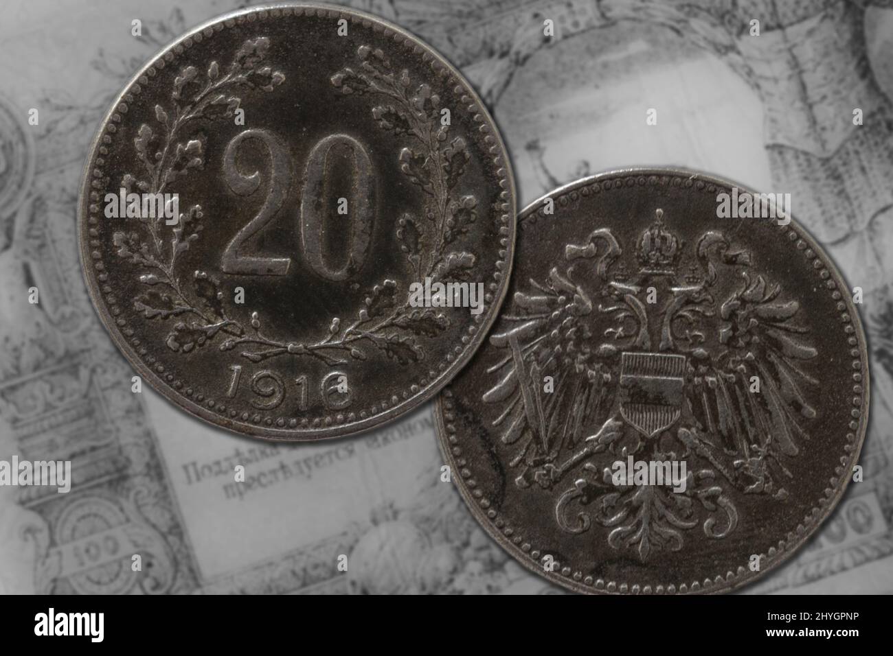 Top view of the Austro-Hungarian 20 krone coin from 1916 Stock Photo ...