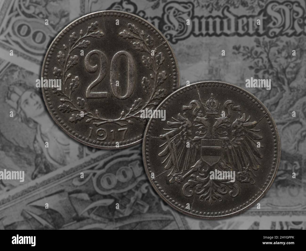 Top view of the Austro-Hungarian 20 krone coin from 1917 Stock Photo ...
