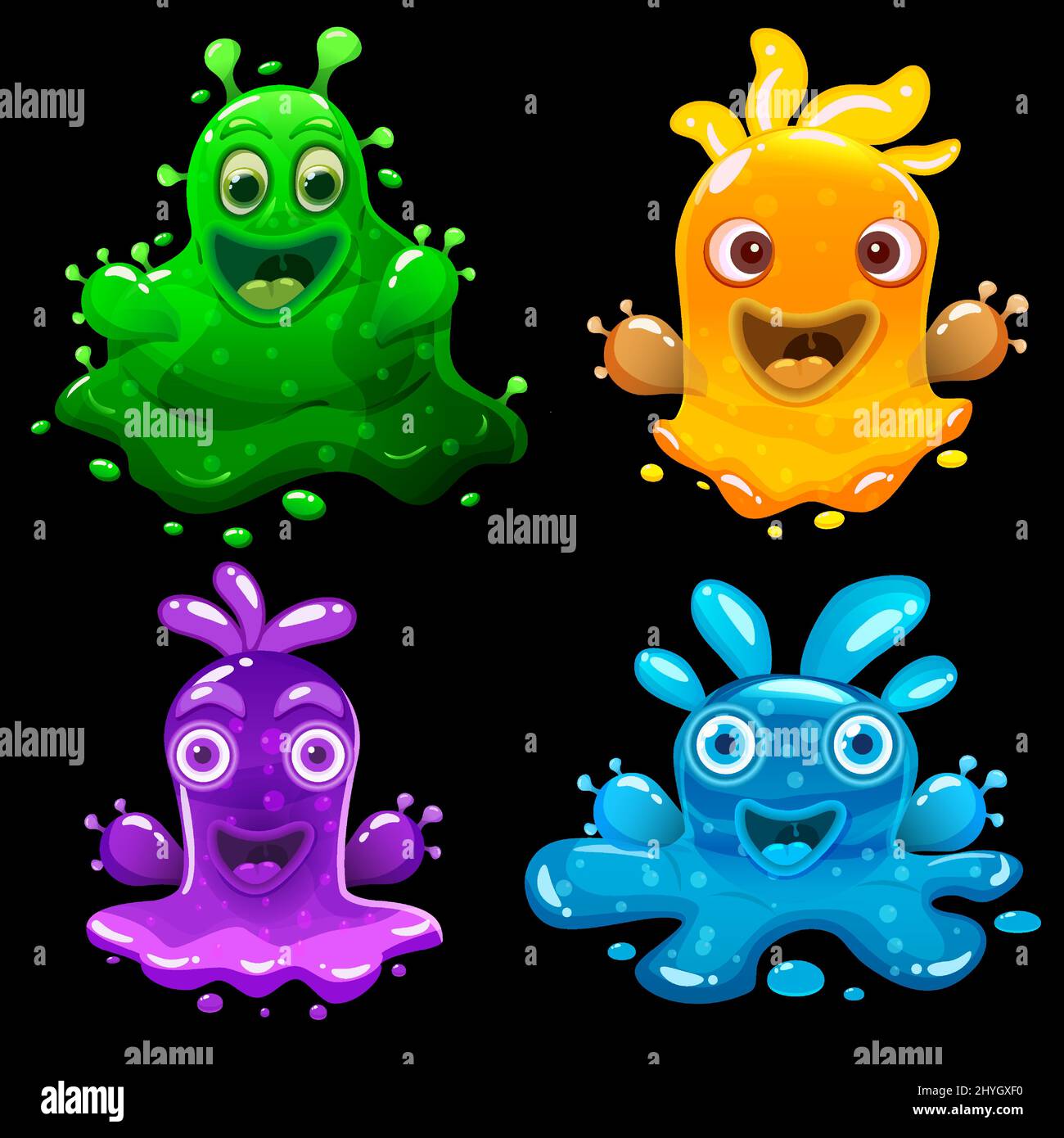 Collection Slime Monsters Colorful Glitter Characters Liquid Funny Slimy Aliens Vector