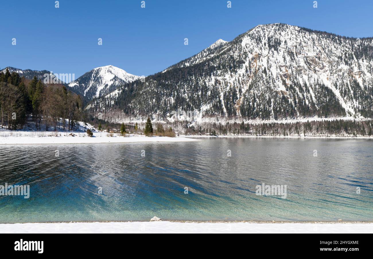 View towards village Walchensee, Mt. Herzogstand and Mt. Heimgarten ...