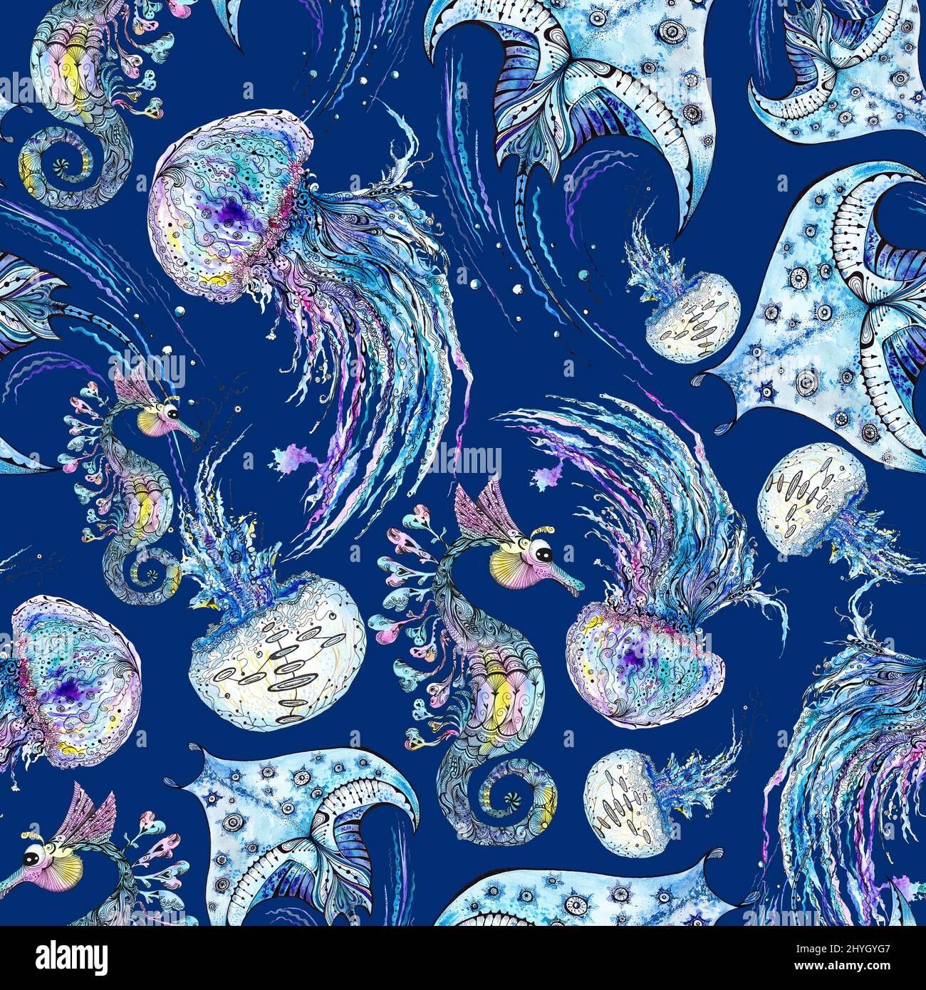 Nautical underwater texture with manta ray, jellyfish and seahorse ...