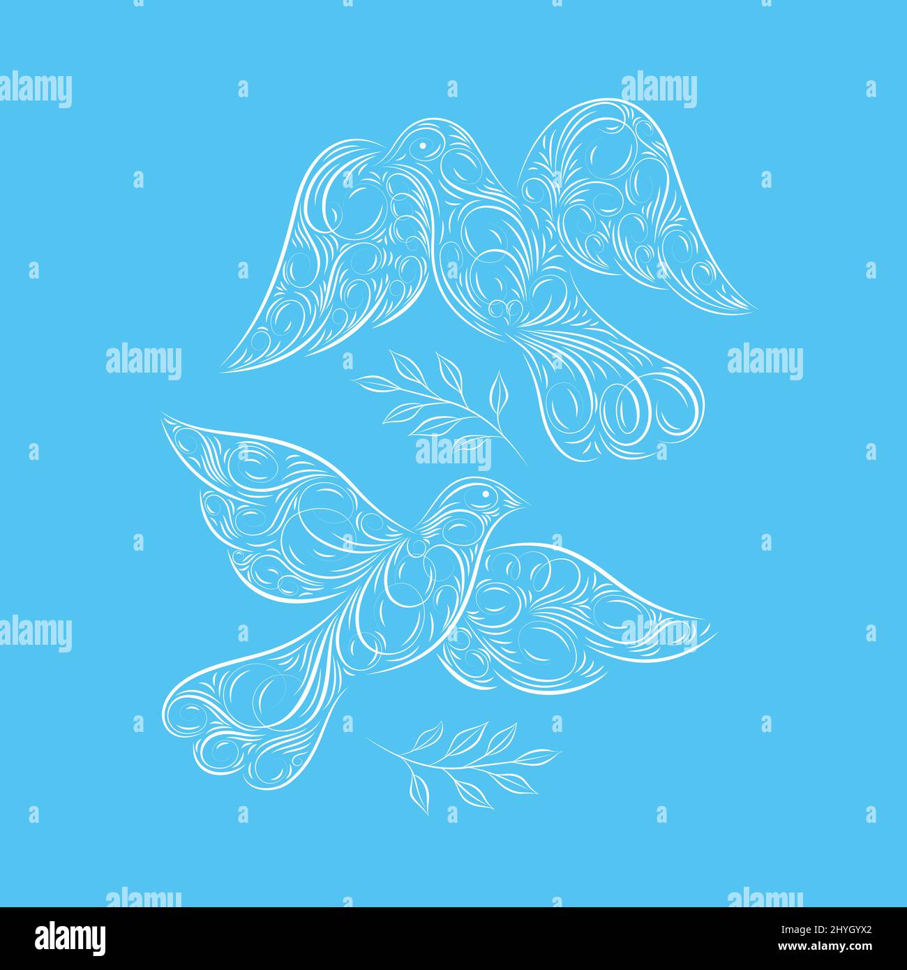 Vector illustration flourishing calligraphy birds on blue background ...