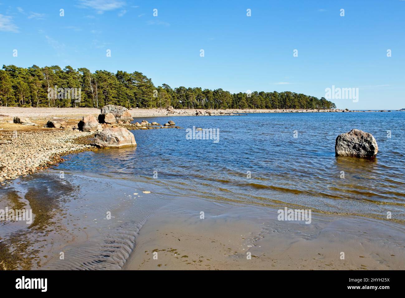 Rocky seashore and trees on the island of Kaunissaari, Pyhtää, Finland ...