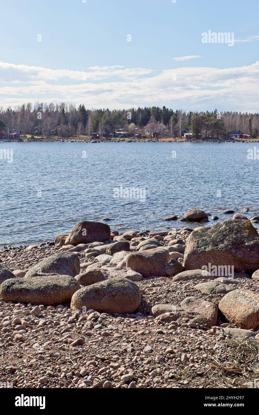 Rocky seashore and trees on the island of Kaunissaari, Pyhtää, Finland ...