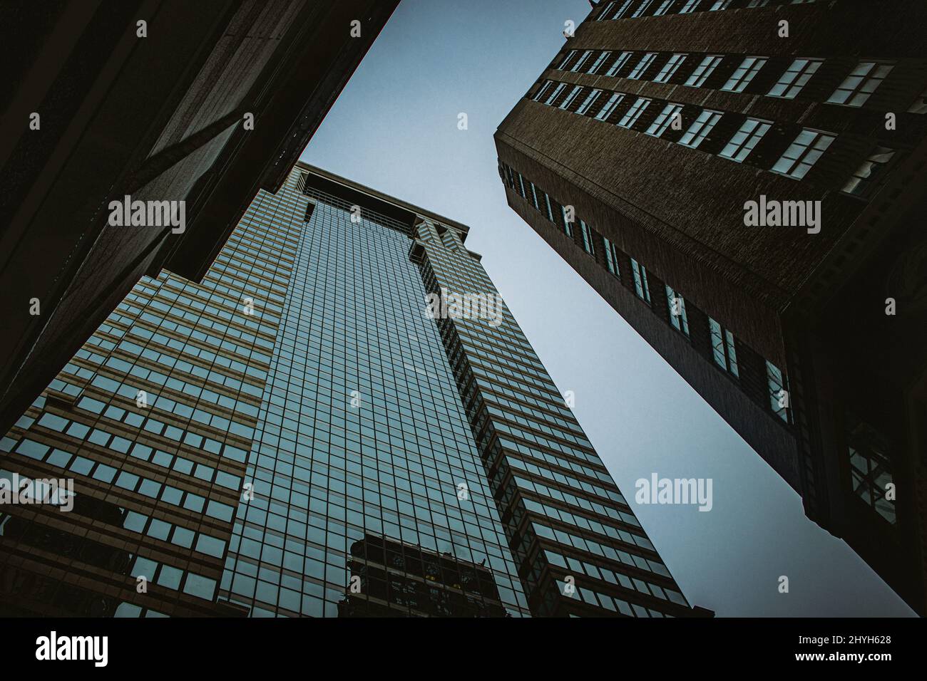Low-angle shot of modern high-rise buildings with glass windows against ...