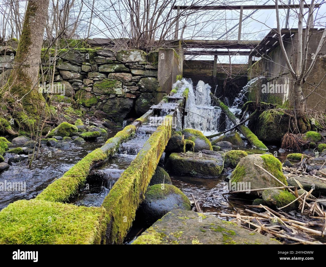 Low angle view of a mossy rock cascade against a brick wall Stock Photo ...