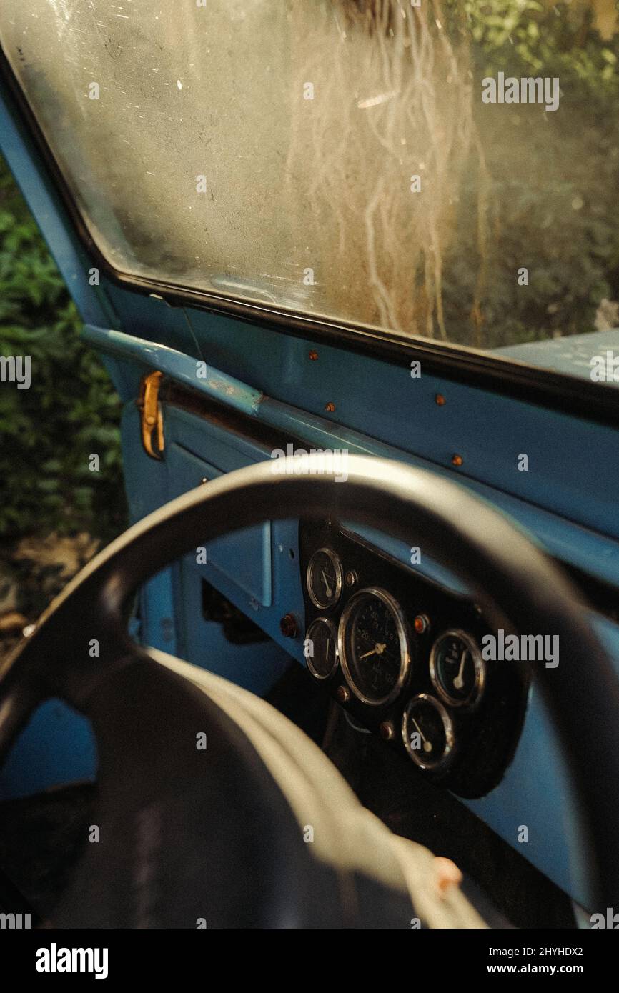 Vertical shot of a vintage blue car dashboard Stock Photo - Alamy