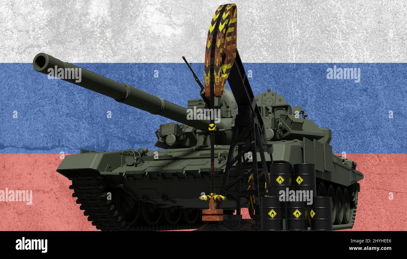 Close-up of Russian T90 tank on oil platform and oil barrels. russian ...