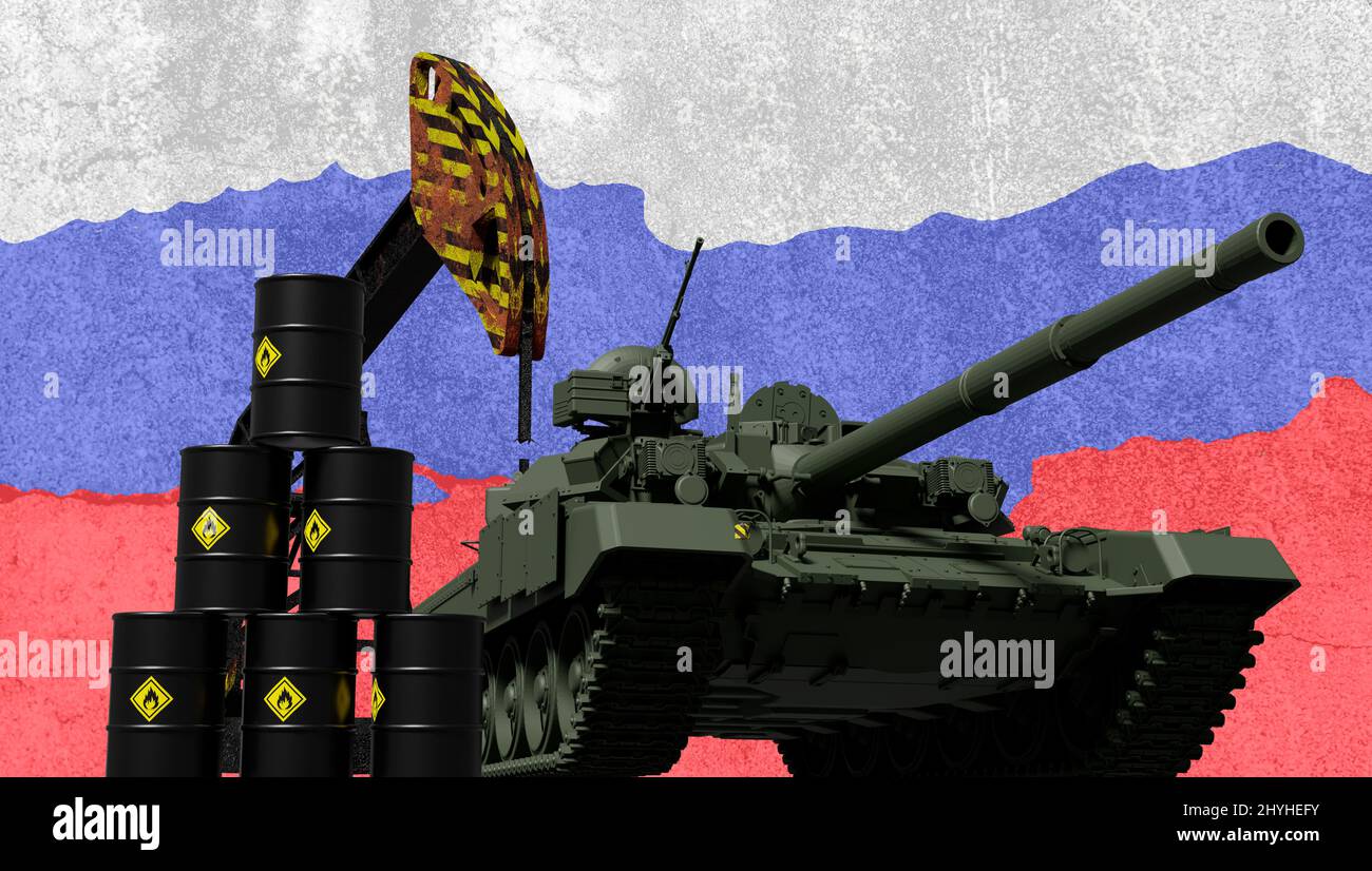 Close-up of Russian T90 tank on oil platform and oil barrels. russian ...