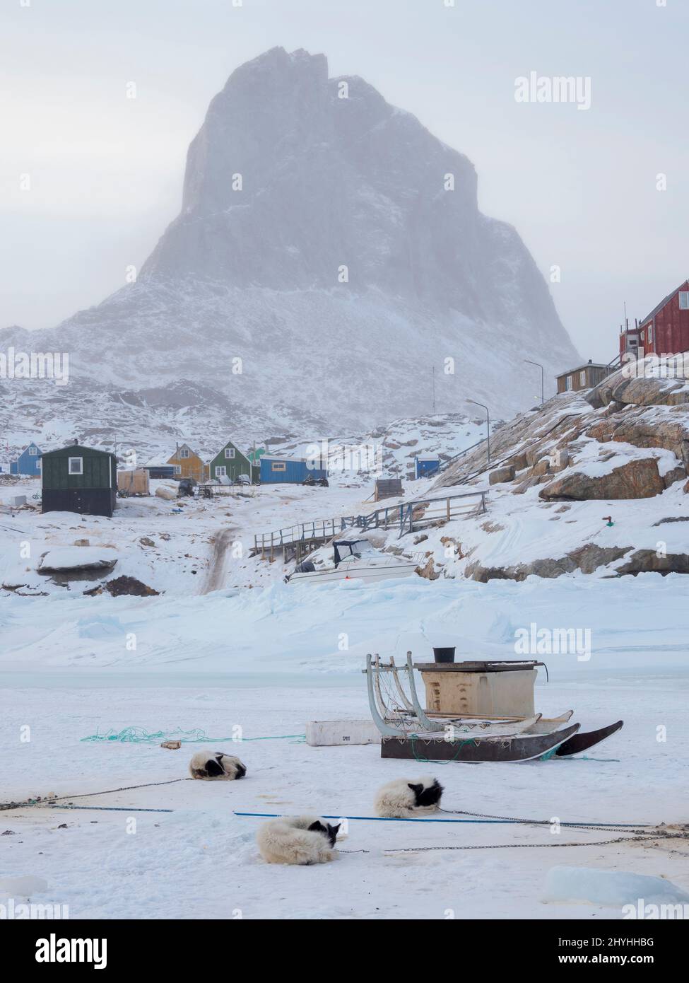 Settlement Ikerasak near Uummannaq during winter in northern ...