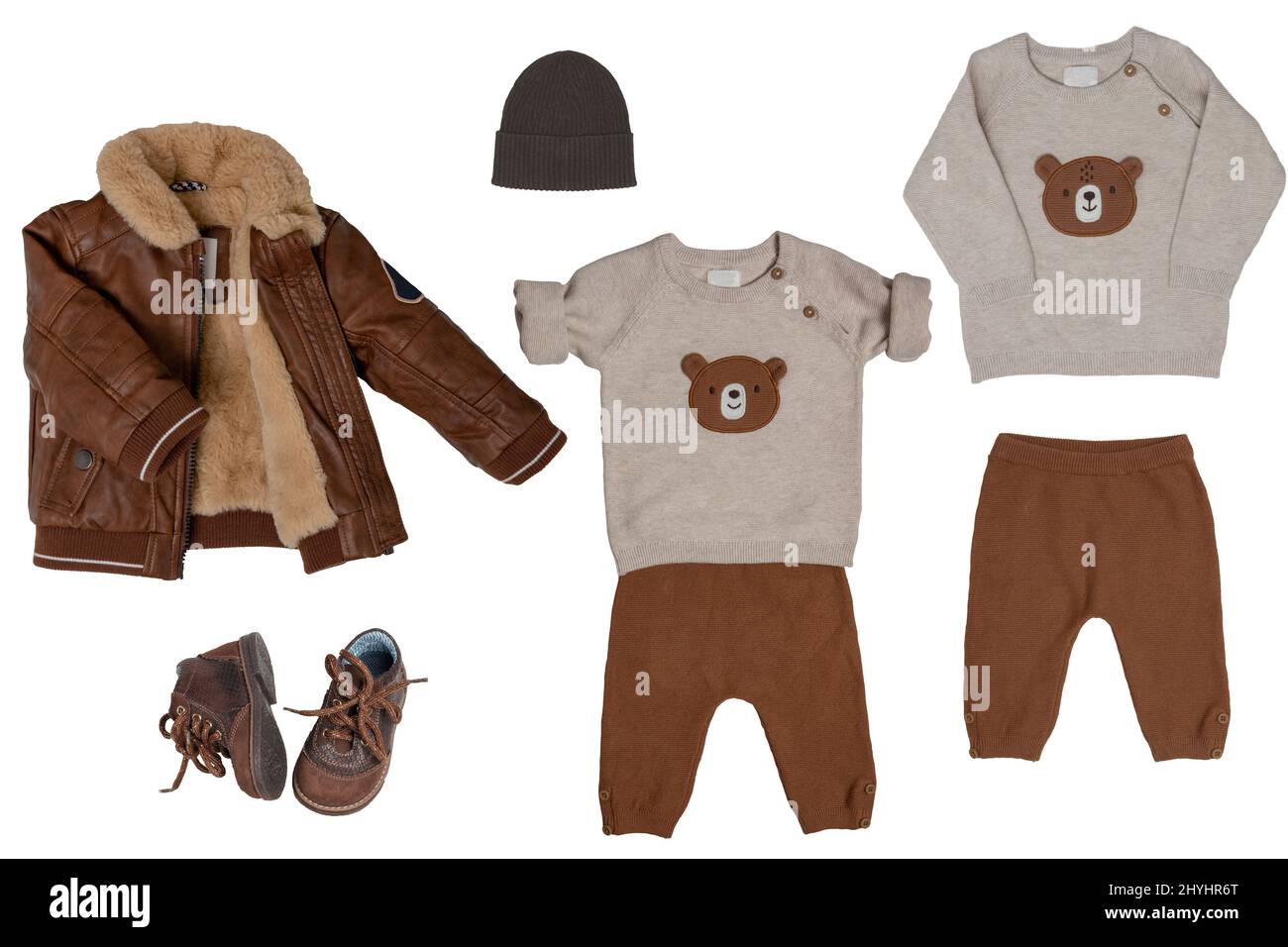 Collage set of little boy autumn clothing isolated on a white ...