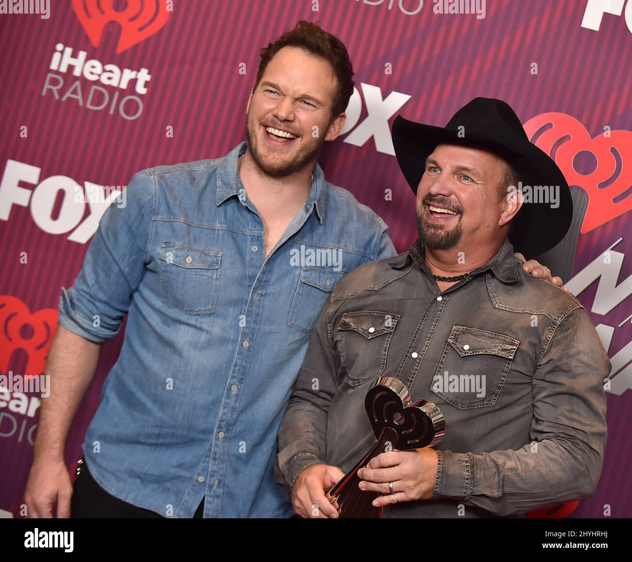 Chris Pratt and Garth Brooks in the press room at the iHeart Radio Music Awards at Microsoft ...