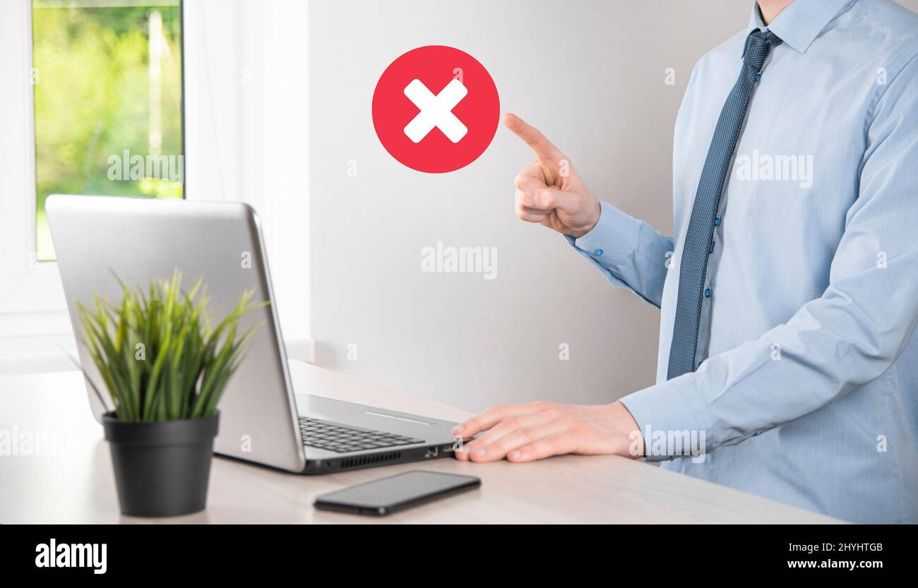 Hand holds icon,cancellation symbol,cancel icon.Cross mark flat red ...