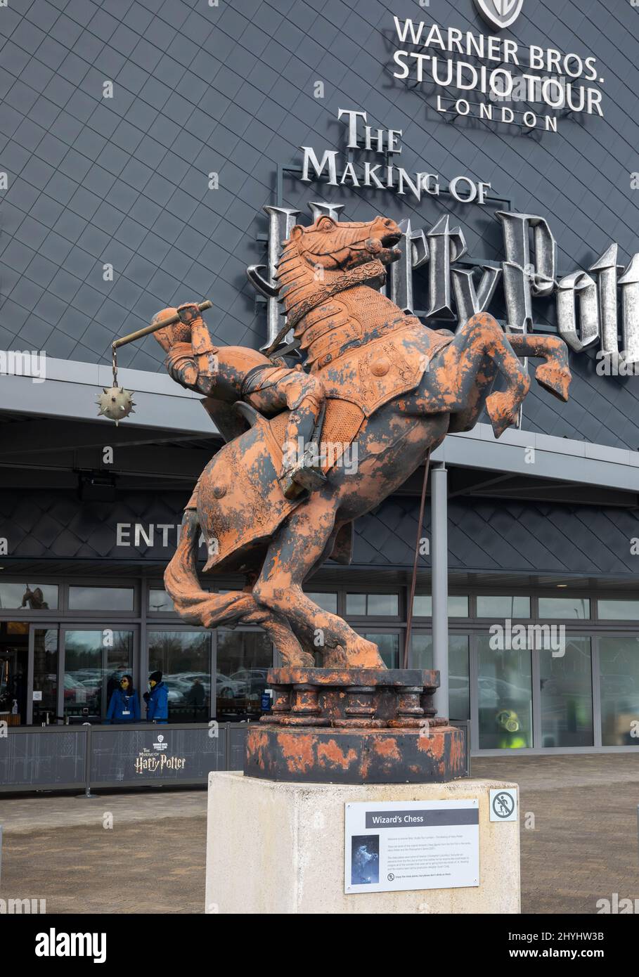 Vertical shot of the giant chess pieces outside the Warner Bros, Harry ...