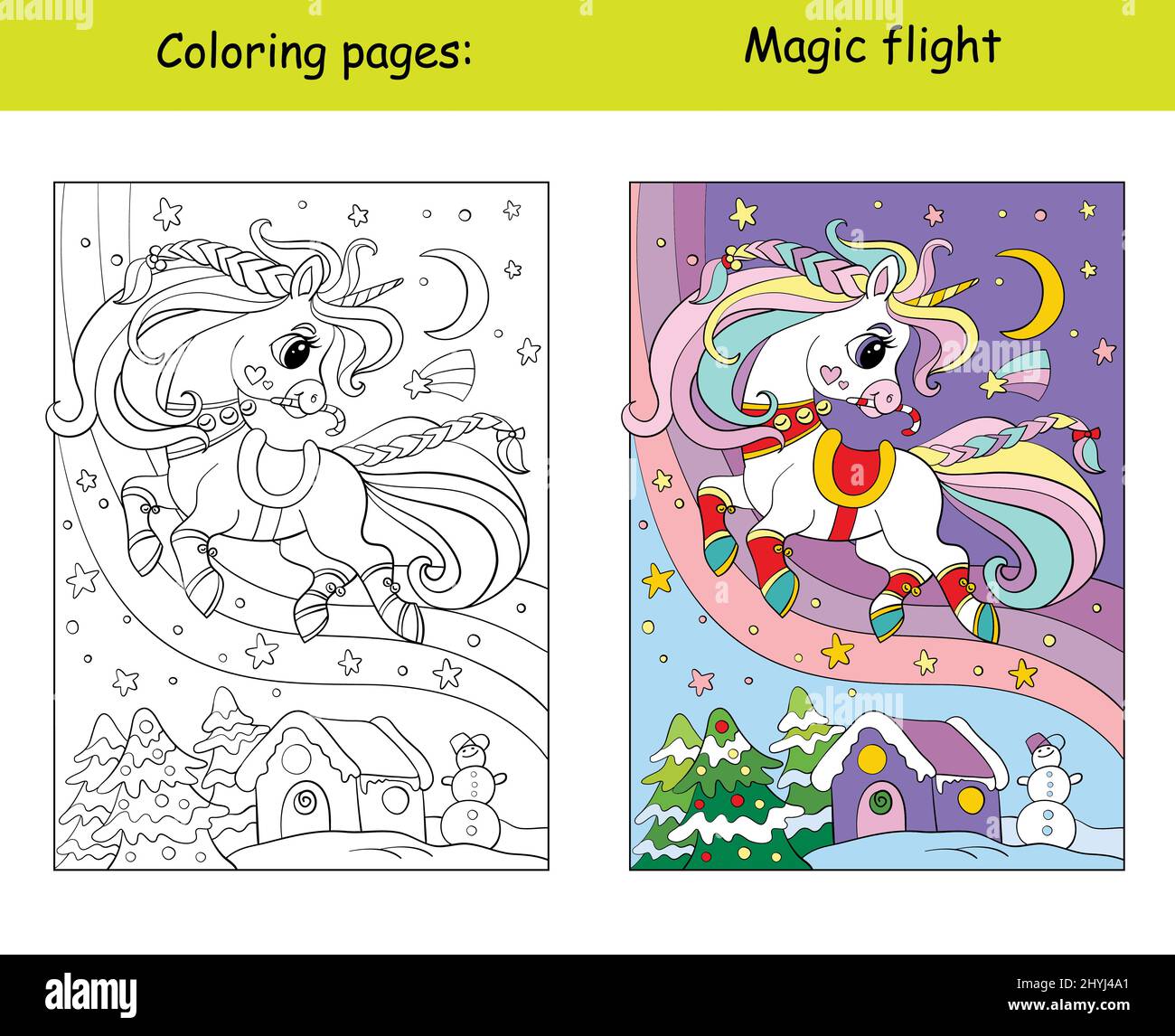 Cute and funny flying unicorn on a winter background. Coloring book ...