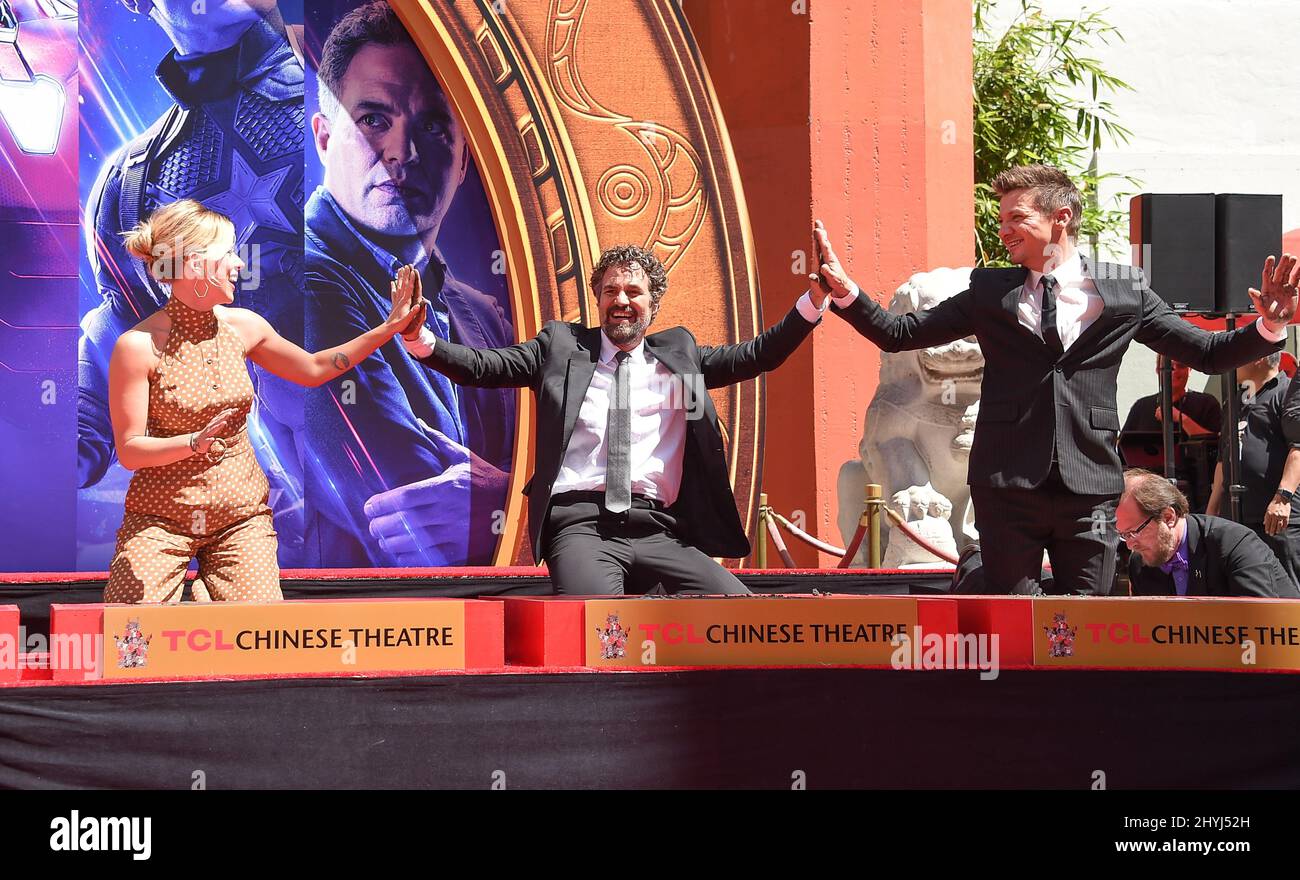 Scarlett Johansson, Mark Ruffalo and Jeremy Renner at the handprint ...