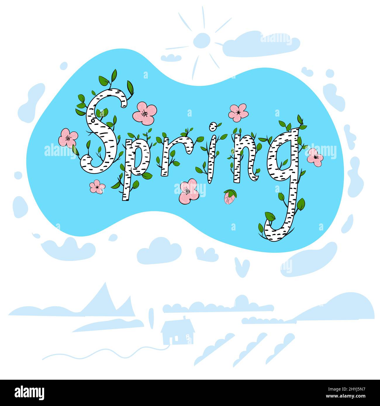 Spring banner sketched doodle hand drawn flowers and leaves. Greeting ...