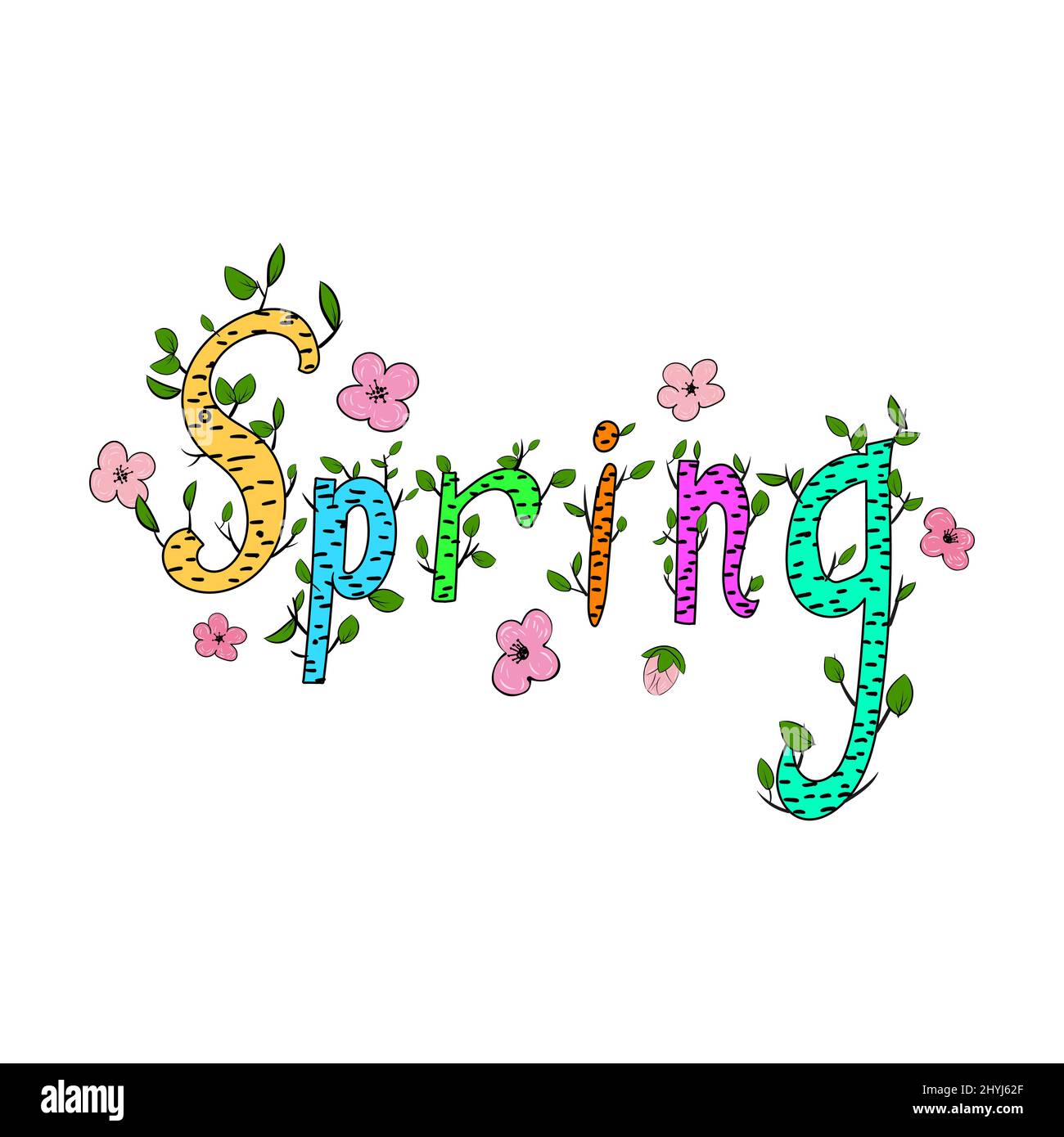 Spring banner sketched doodle hand drawn flowers and leaves. Greeting ...