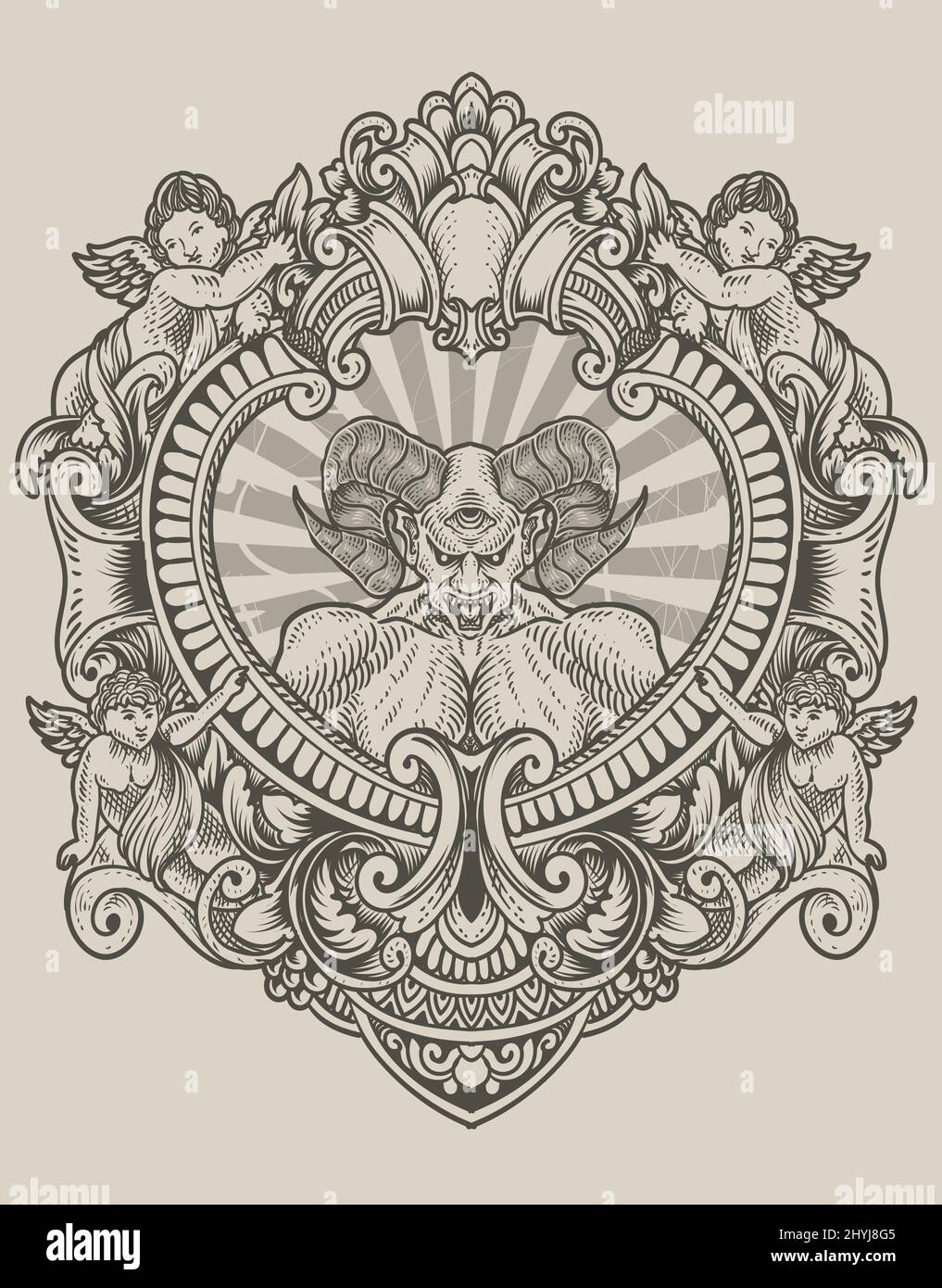 illustration demon with engraving frame Stock Vector Image & Art - Alamy