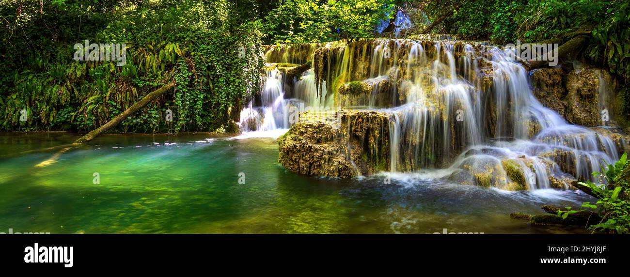 Cascade waterfalls paniramic view. Krushuna falls in Bulgaria near the ...