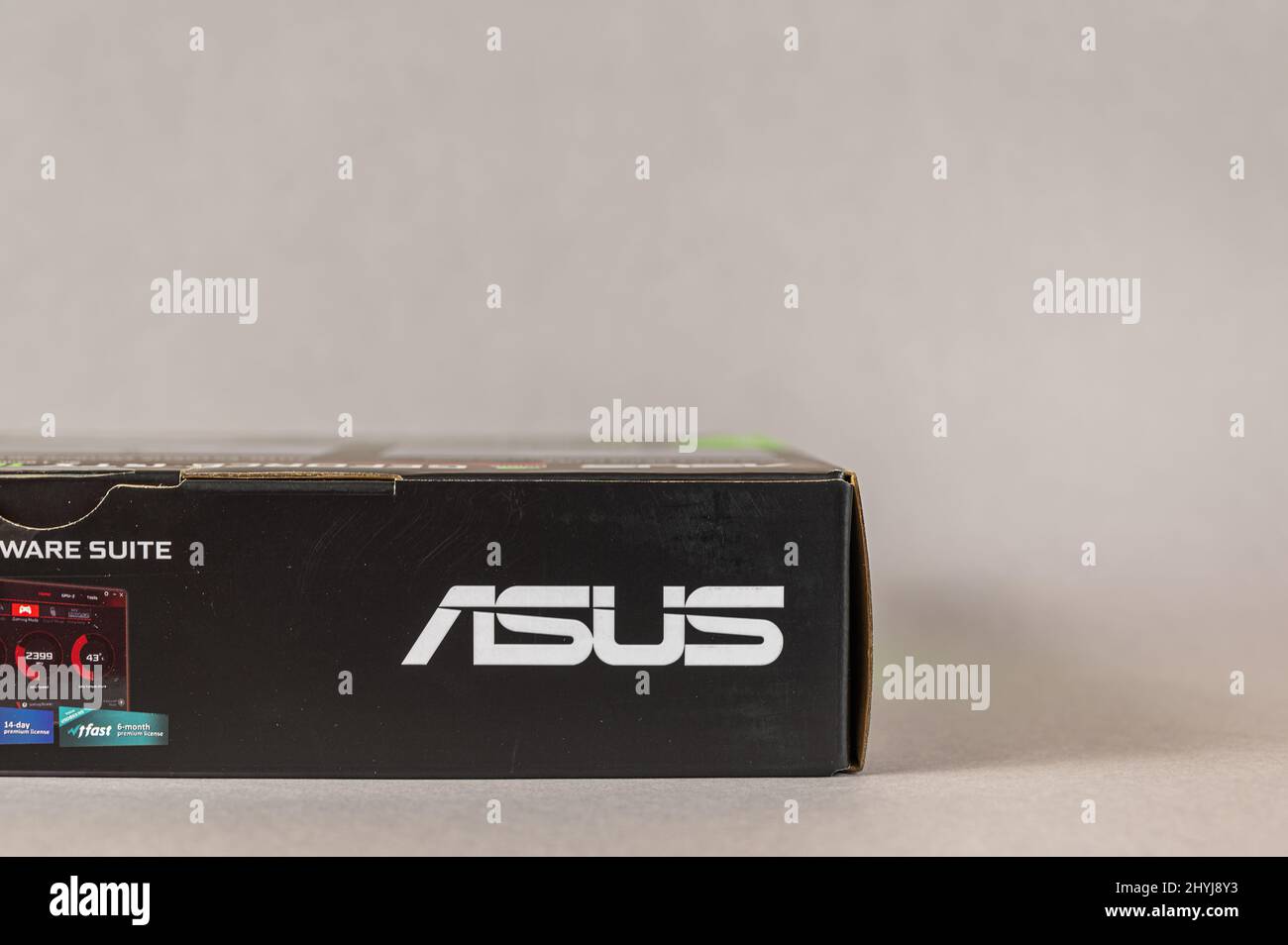 ASUS GFORCE GTX 1650 graphics card against a gray background. Modern ...