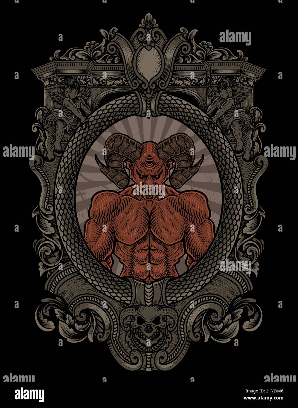 illustration demon with engraving frame Stock Vector Image & Art - Alamy