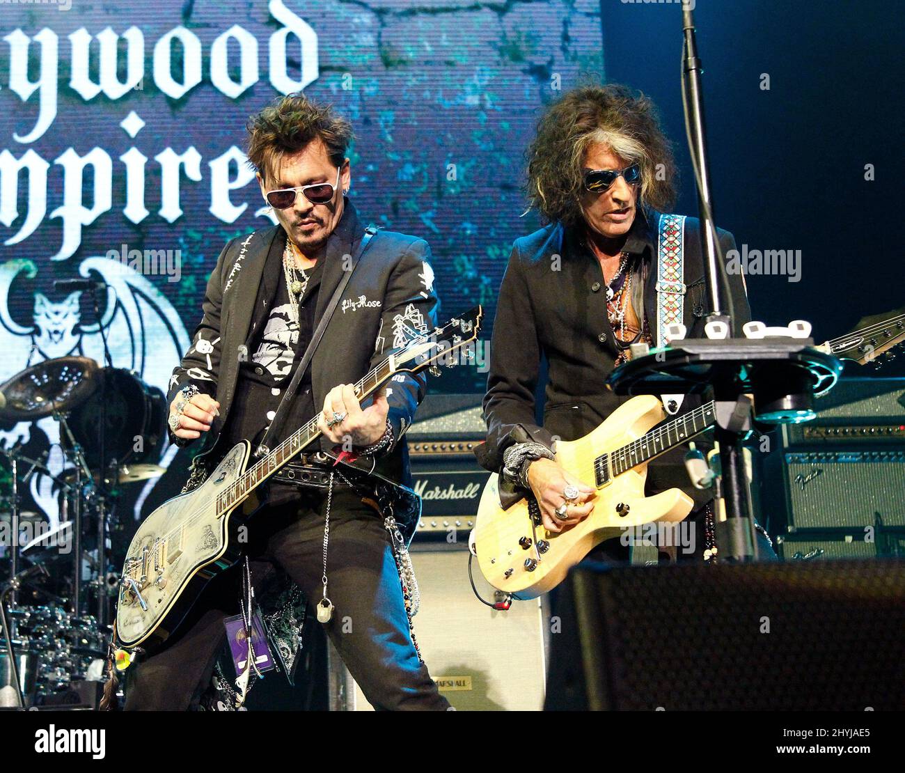 Johhny Depp and Joe Perry on stage at the Hollywood Vampires concert ...
