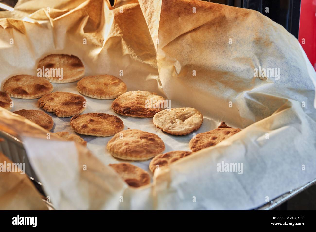 Dough circles are ready after baking in the oven for appetizer with ...