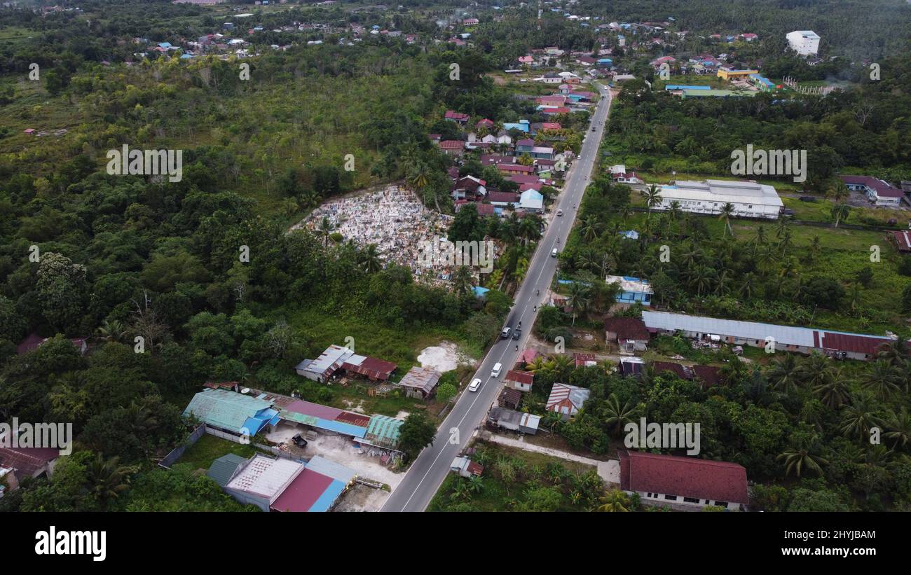 Aerial view of a beautiful landscape with many buildings in East ...