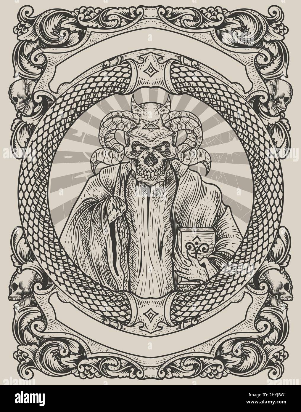 illustration demon with engraving frame Stock Vector Image & Art - Alamy