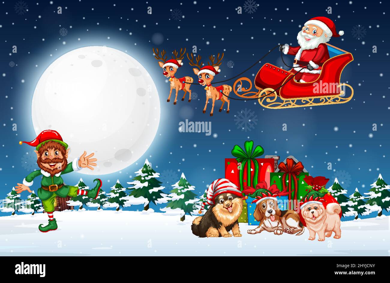 Snowy winter night with Santa Claus on sleigh illustration Stock Vector ...