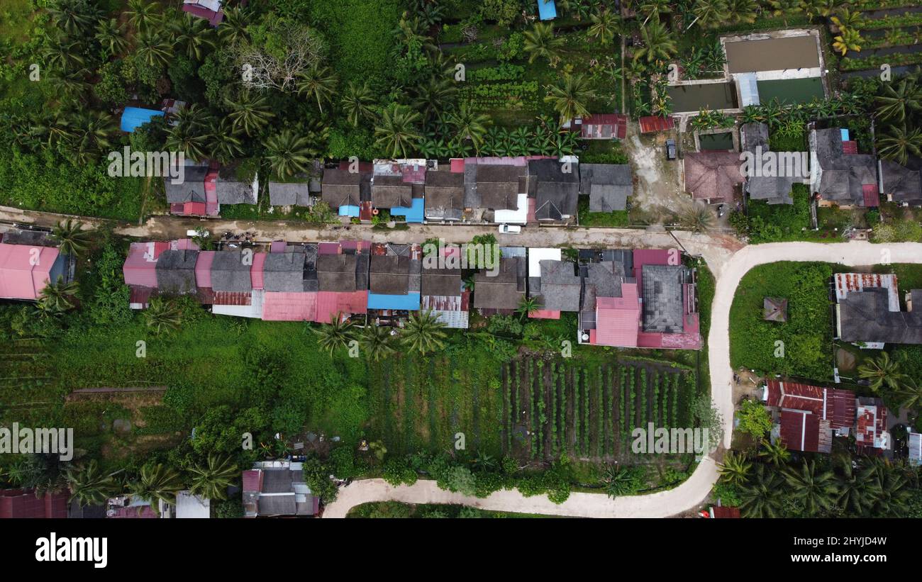 Aerial shot of the landscape and buildings of the East Kalimantan ...