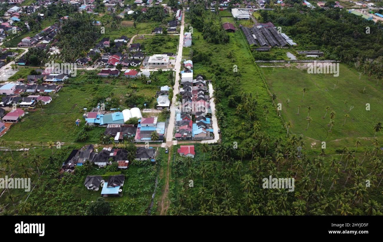 Aerial shot of the landscape and buildings of the East Kalimantan ...
