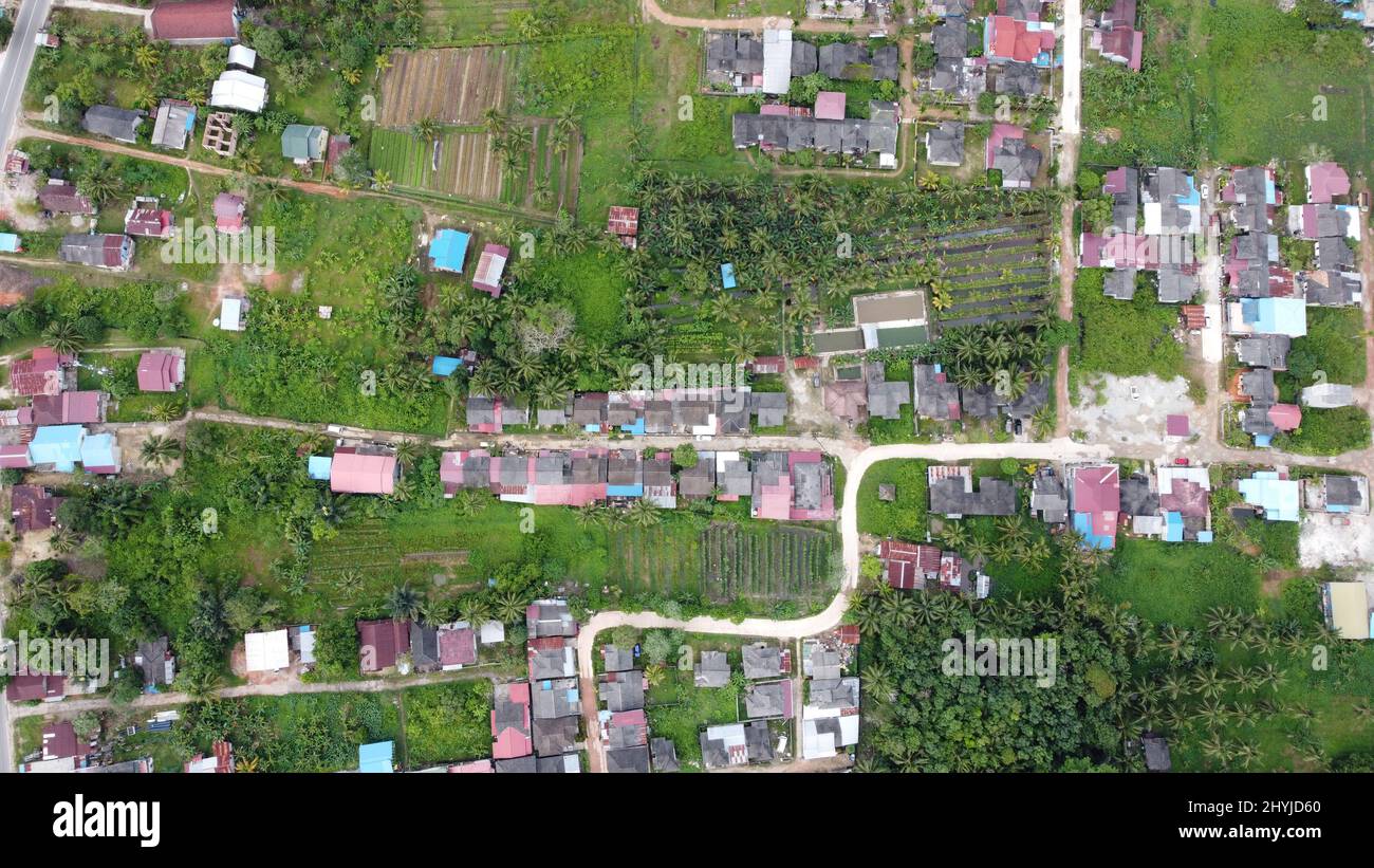 Aerial shot of the landscape and buildings of the East Kalimantan ...