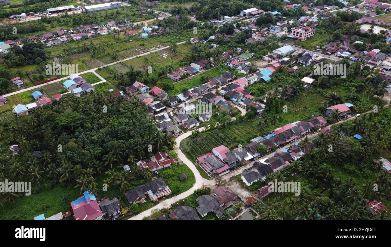 Aerial shot of the landscape and buildings of the East Kalimantan ...