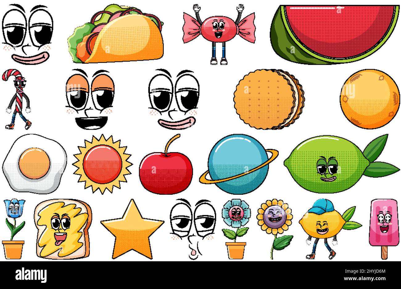 Set of facial expression with vintage style food cartoon on white ...