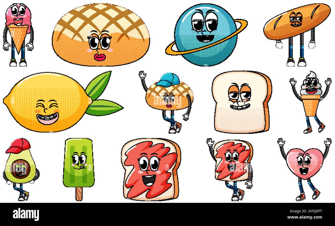 Set of facial expression with vintage style food cartoon on white ...