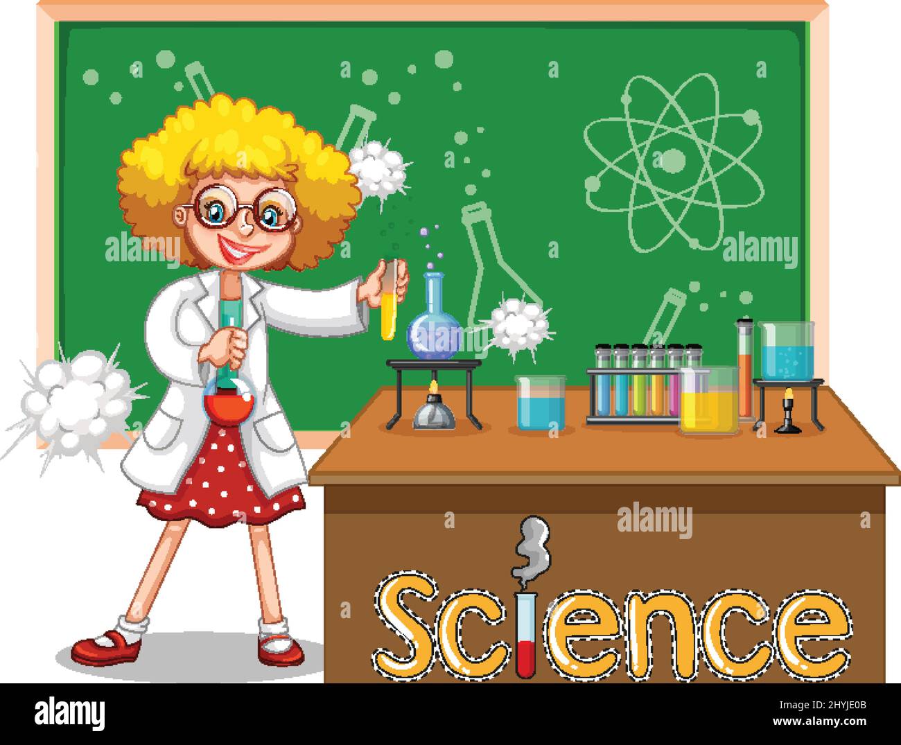 Scientist woman cartoon character with laboratory equipments ...