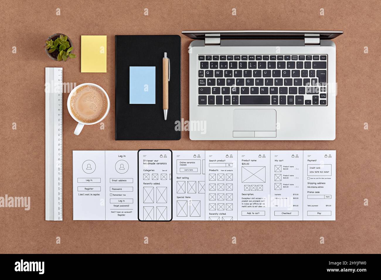 UX design concept. Flat lay image of web UX designer tools neatly ...