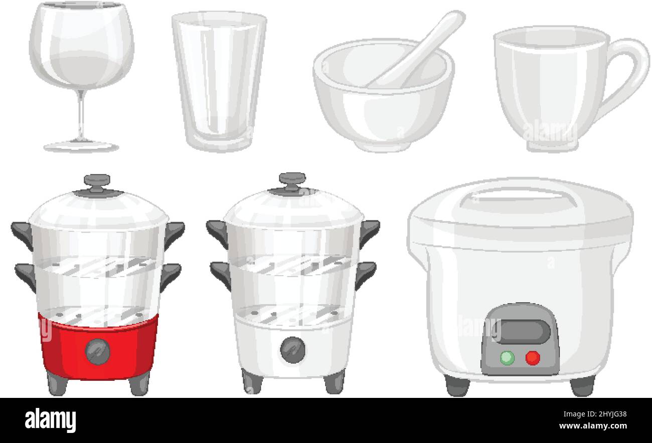 Set of different kitchenware on white background illustration Stock ...