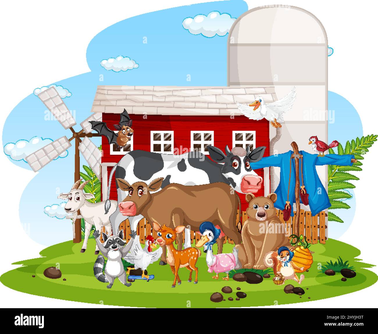 Farm scene many animals by the barn illustration Stock Vector Image ...