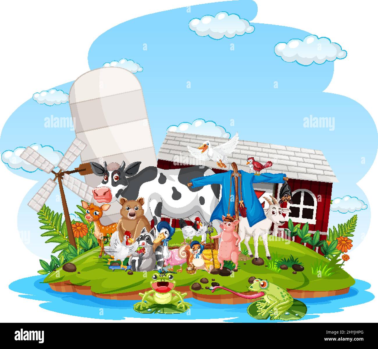 Farm scene with many animals by the barn illustration Stock Vector ...