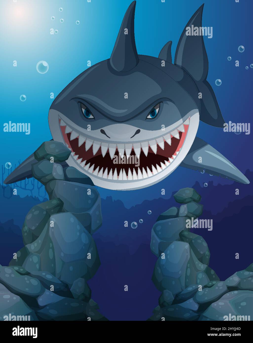 Aggressive shark underwater deep sea background illustration Stock ...