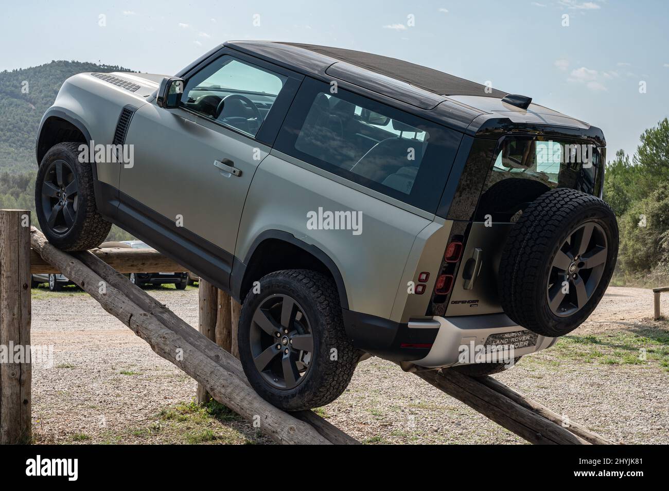 Modern Land Rover Defender in the field Stock Photo - Alamy