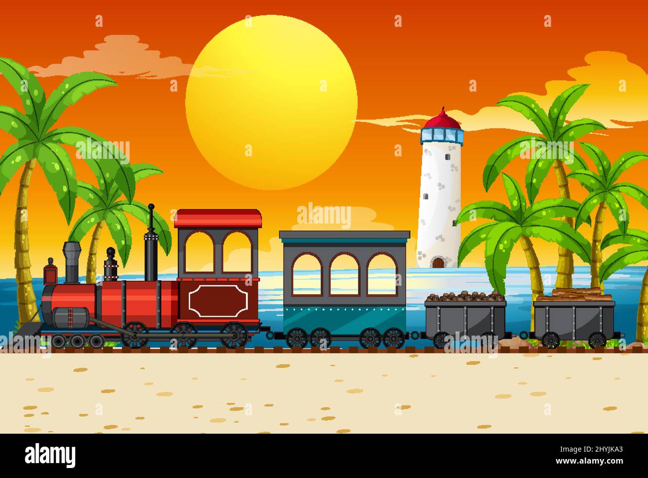 Outdoor scene with a steam locomotive train illustration Stock Vector ...