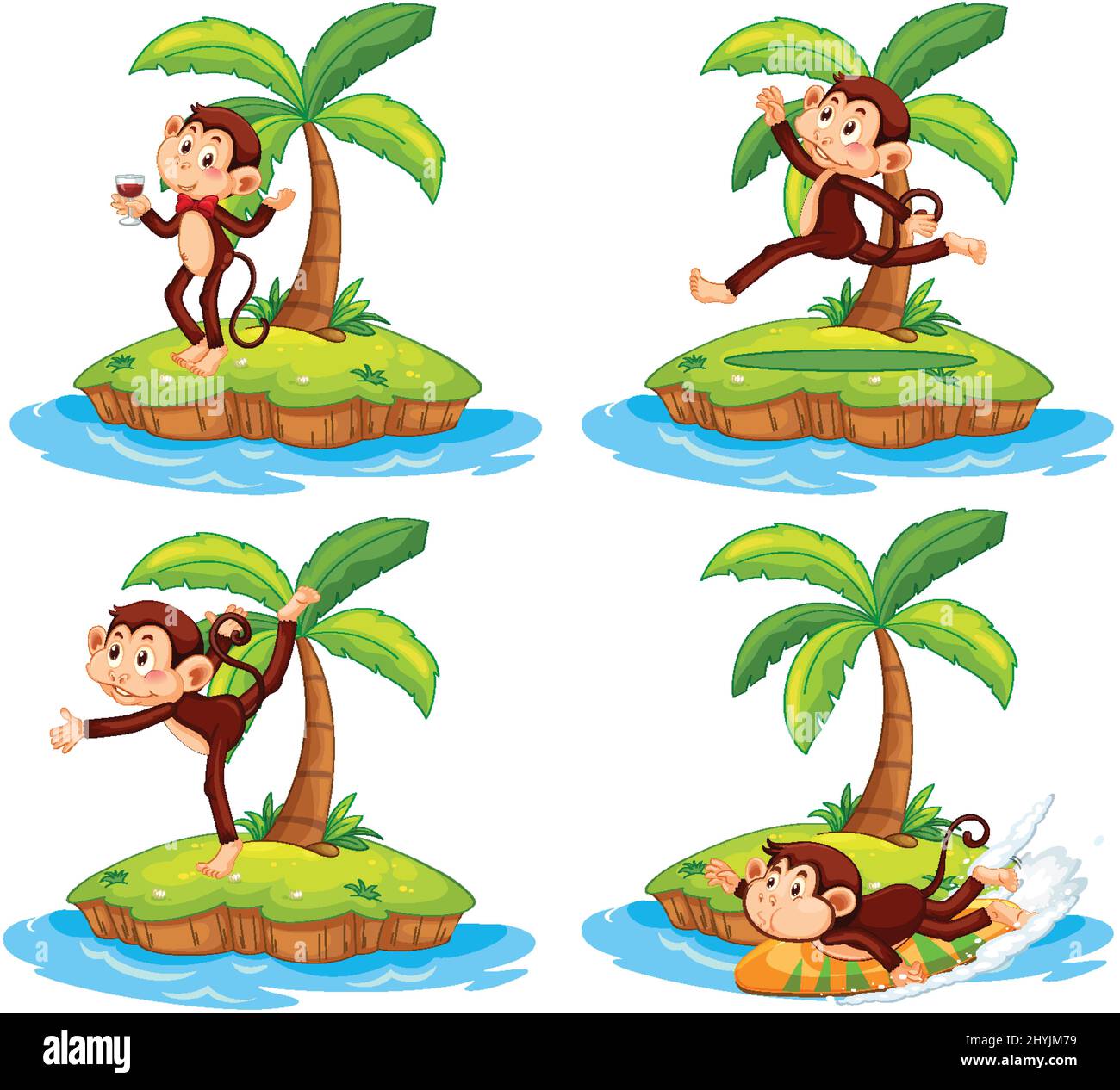 Set of different isolated islands with monkey cartoon characters ...