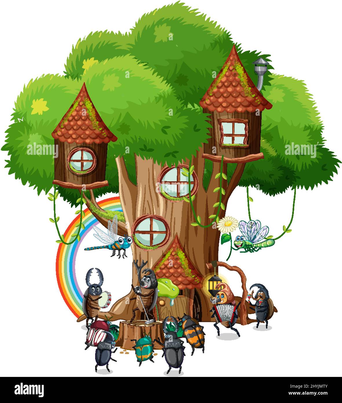 Happy insect cartoon at fairy tree house illustration Stock Vector ...