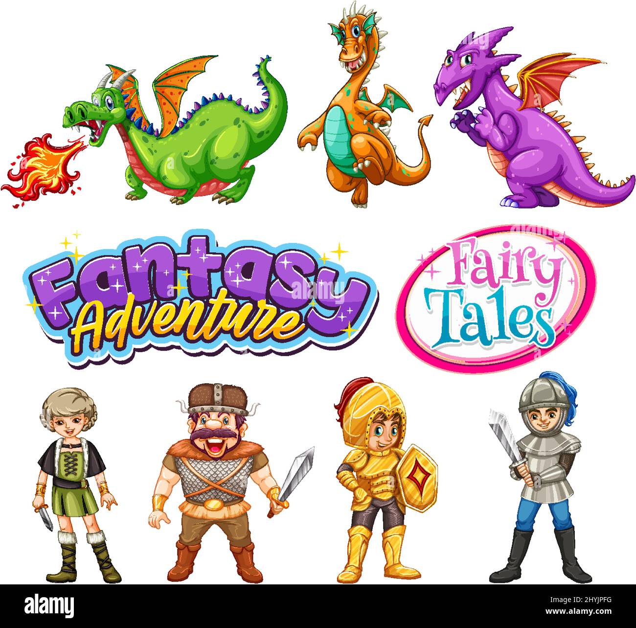Set of dragons and fairy tale cartoon characters illustration Stock ...